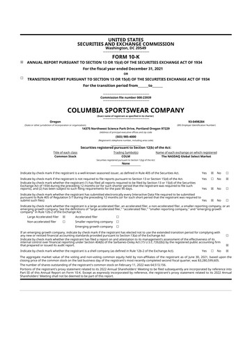 Columbia Sportswear - Annual Reports (10-K)